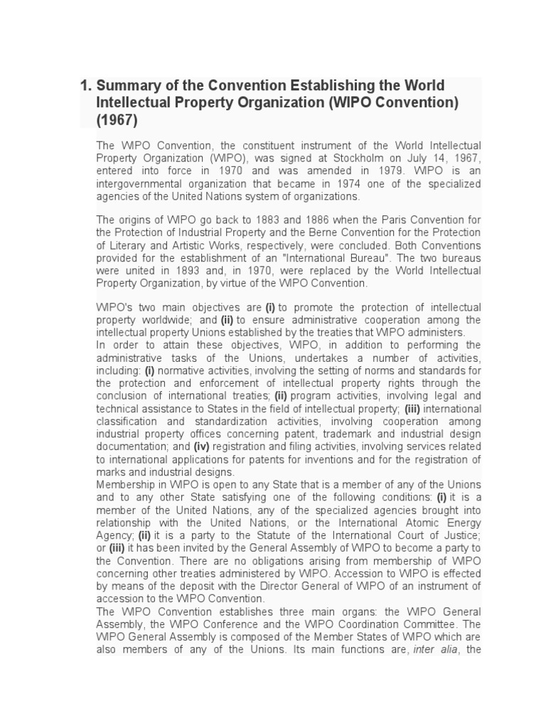 Summary of The Convention Establishing The World Intellectual Property ...