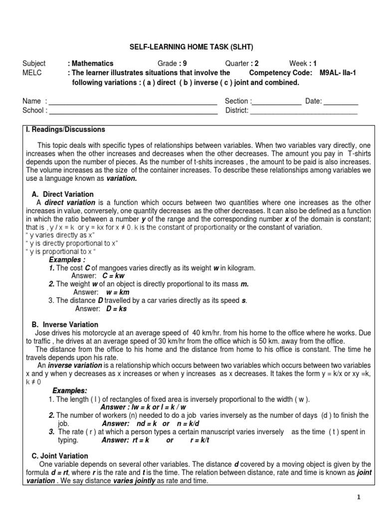 Mathematical Relationships and Variations: Direct, Inverse, Joint, and Combined Variations | PDF ...
