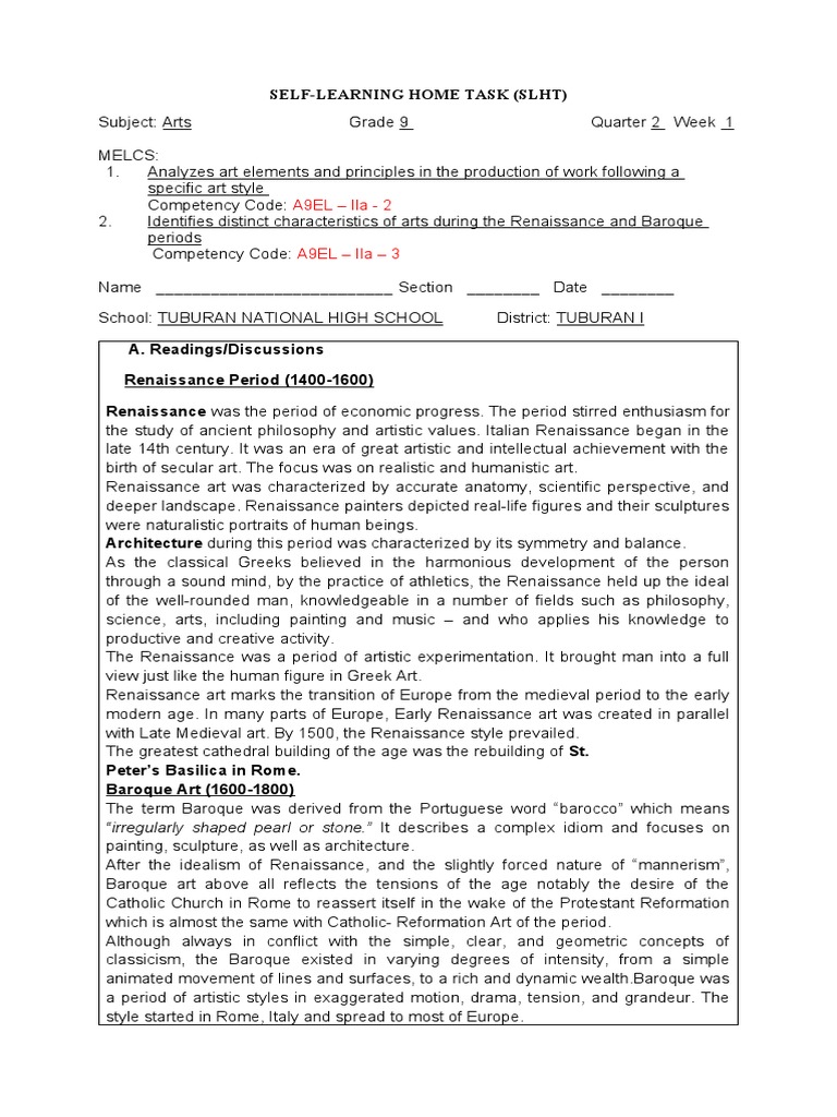 SLHT Arts9 Q2 SLHT1 | PDF | Baroque | The Arts