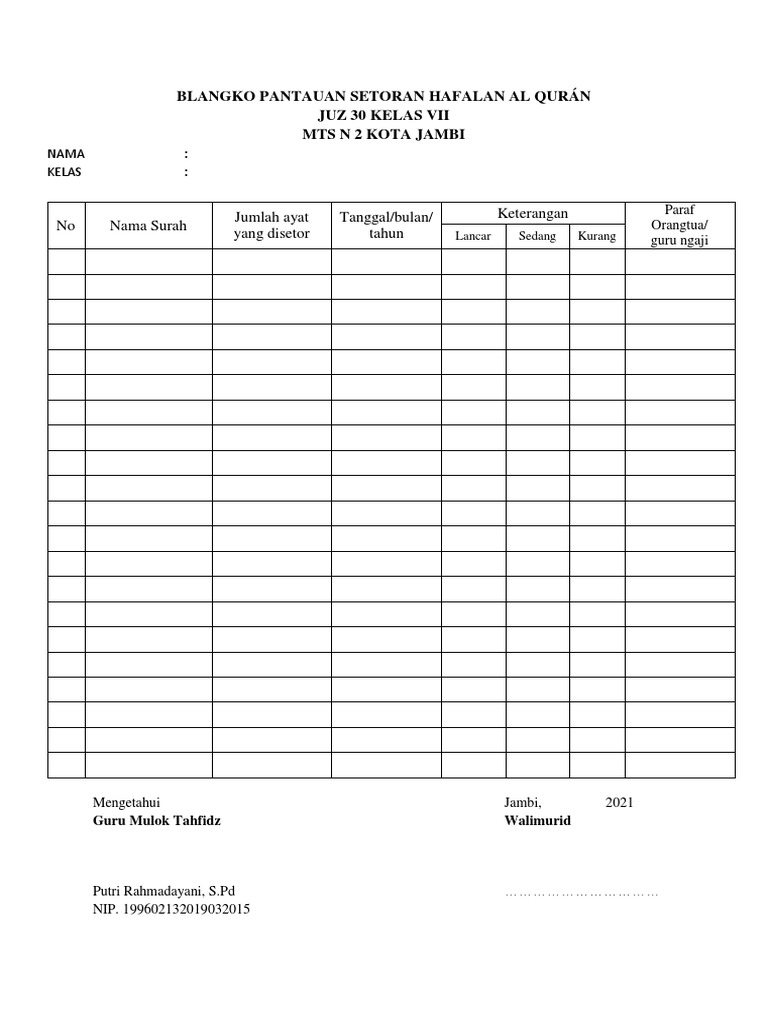 Blangko Pantauan Setoran Hafalan Al Qurán | PDF