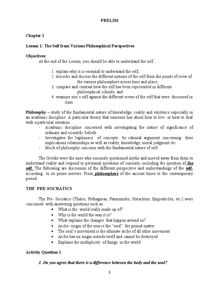 PRELIM Understanding The Self 1 | PDF | Soul | Self