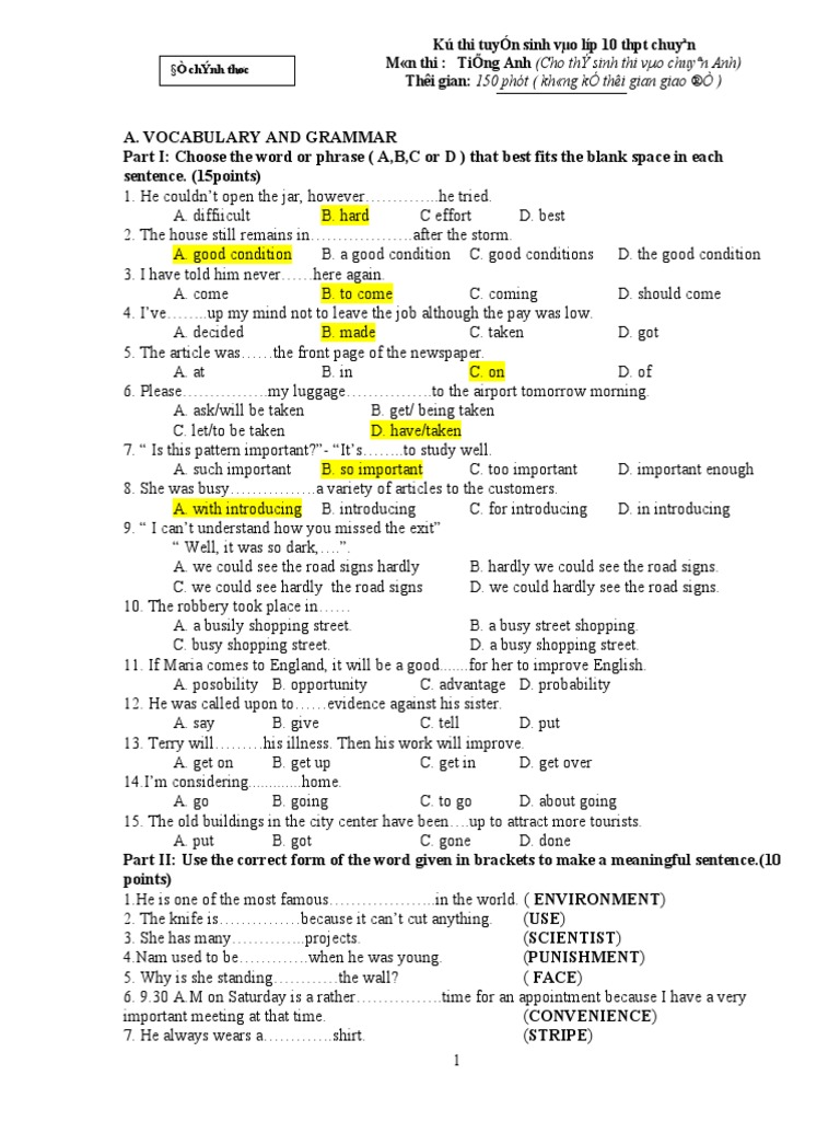 A. Vocabulary and Grammar Part I: Choose The Word or Phrase (A, B, C or ...