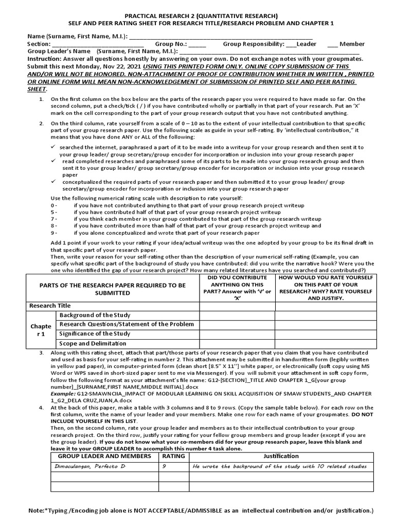 Self And Peer Rating Activity Sheet Chapter 1 Pr2 Pdf Academic