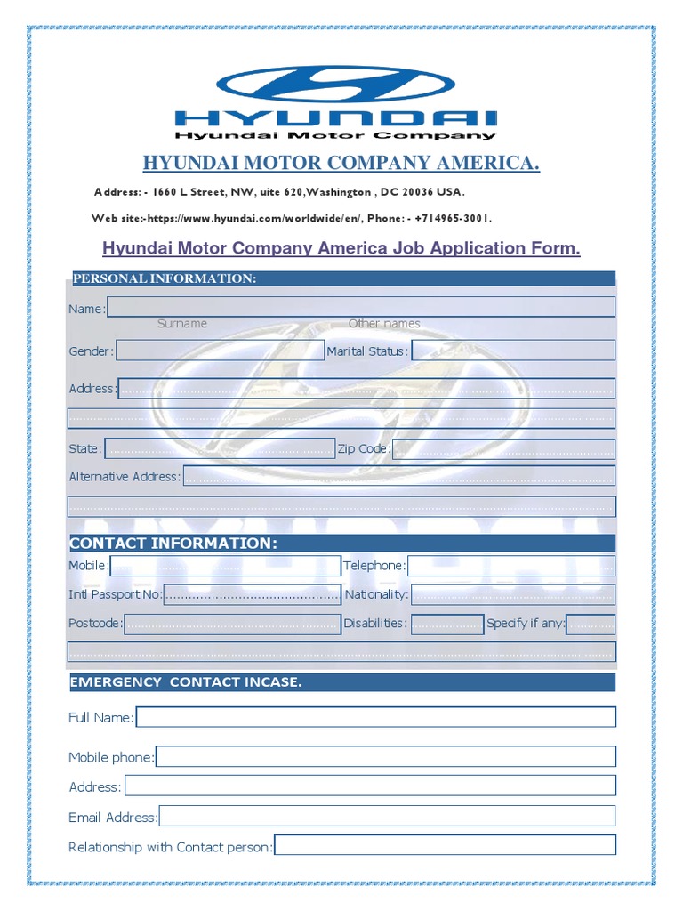 Hyundai Motor Company America Job Offer Application Form. | PDF ...