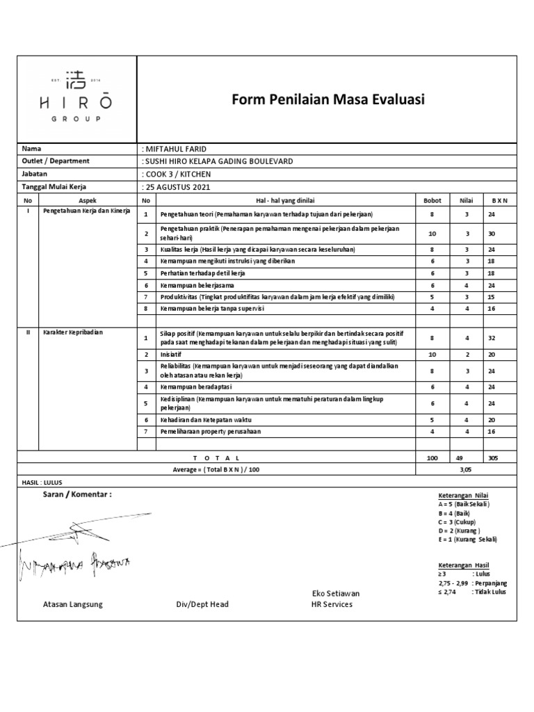 Form Penilaian Masa Evaluasi MIFTAHUL FARID | PDF