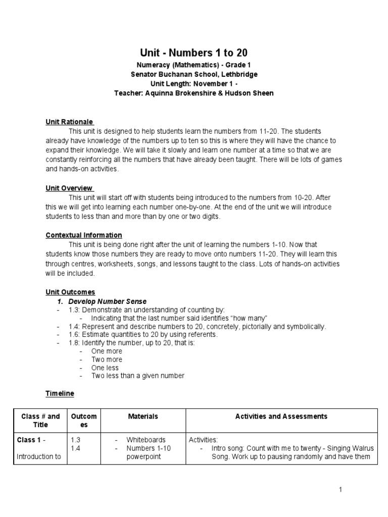 Grade 1 Numeracy - Unit Plan - Numbers 1-20 | PDF | Dice | Worksheet