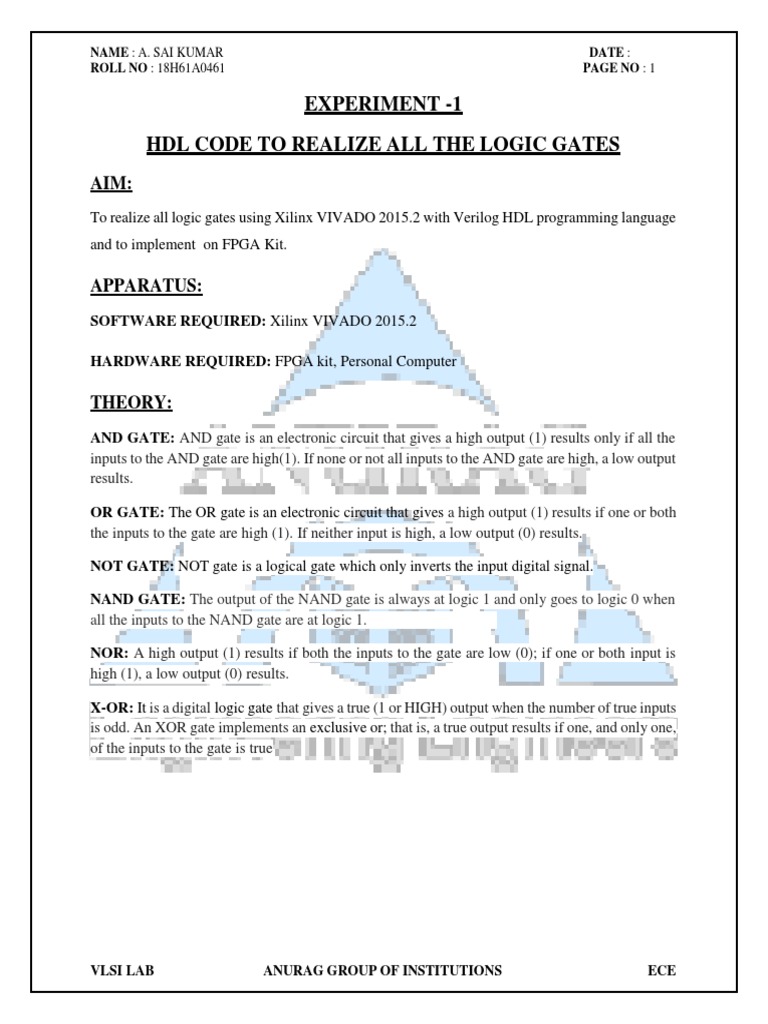 Experiment - 1 HDL Code To Realize All The Logic Gates | PDF | Logic ...