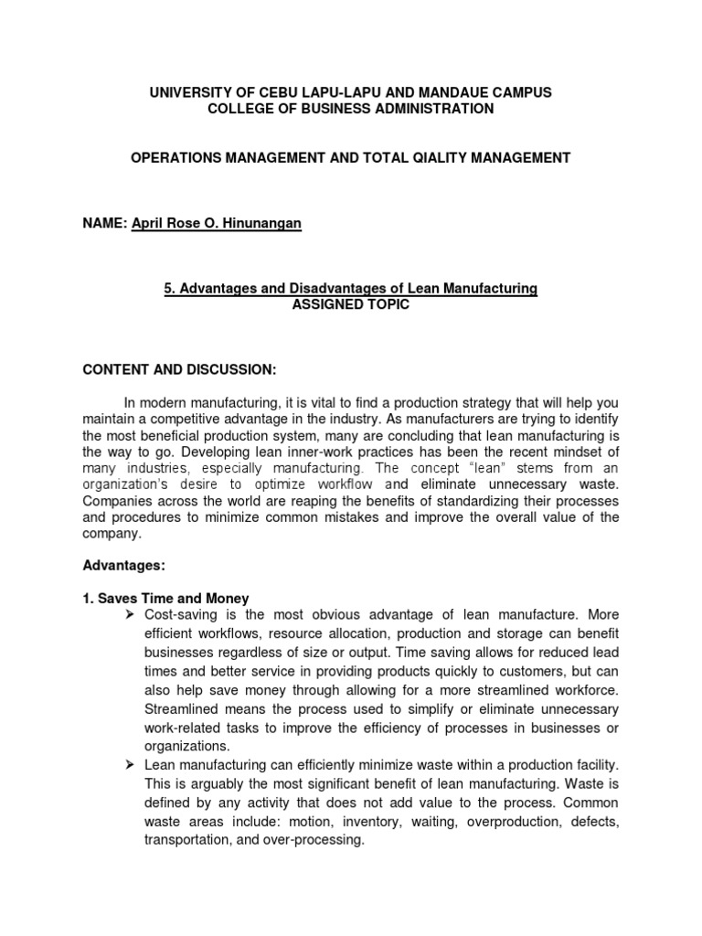 Advantages and Disadvantages of Lean Manufacturing | PDF | Lean ...