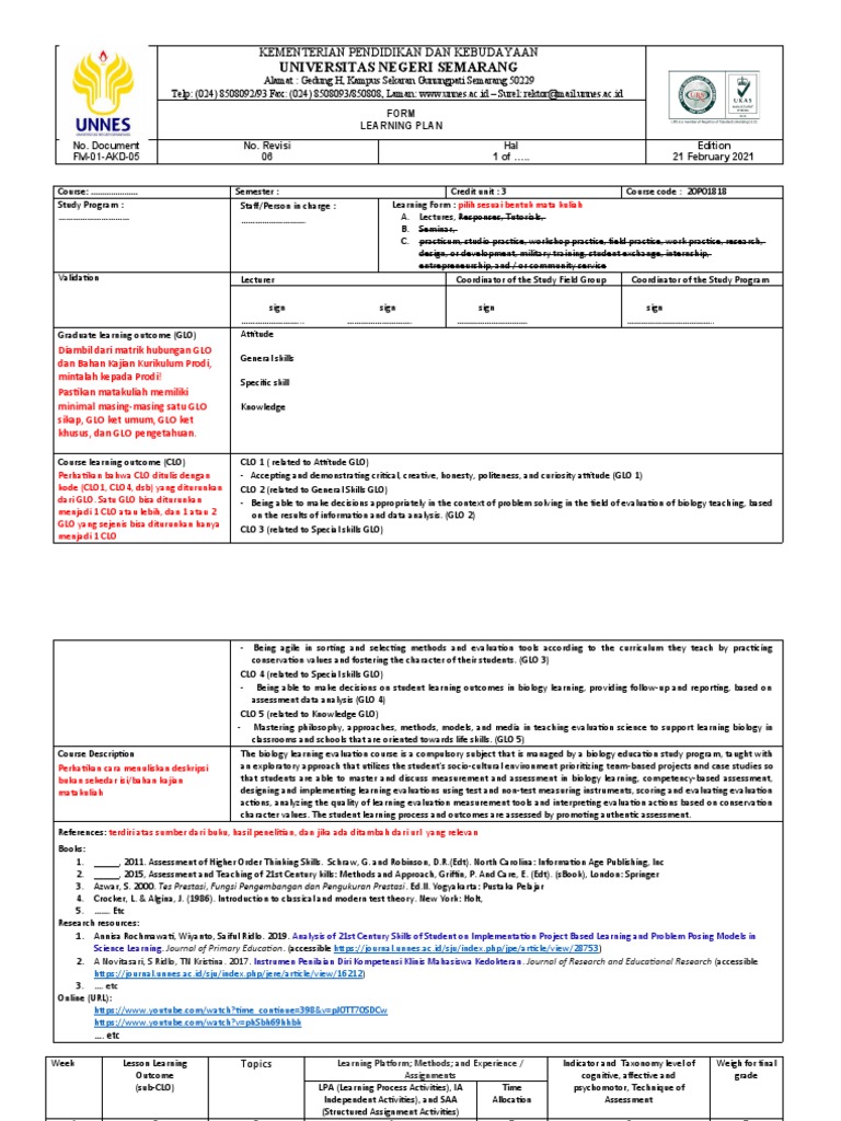 Form RPS Bahasa Inggris | PDF | Evaluation | Learning