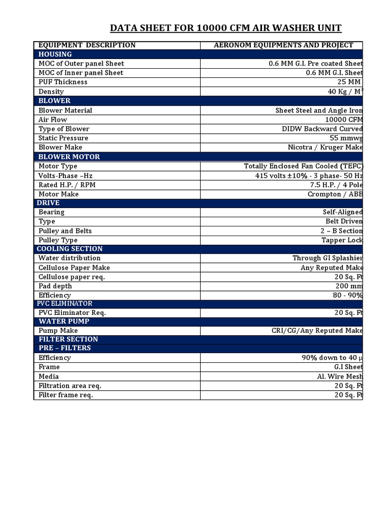 Technical Data Sheet For Air Washer Unit 10000 CFM AND 25000 CFM | PDF ...