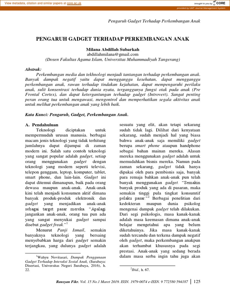 Pengaruh Gadget Terhadap Perkembangan Anak: Milana Abdillah Subarkah | PDF