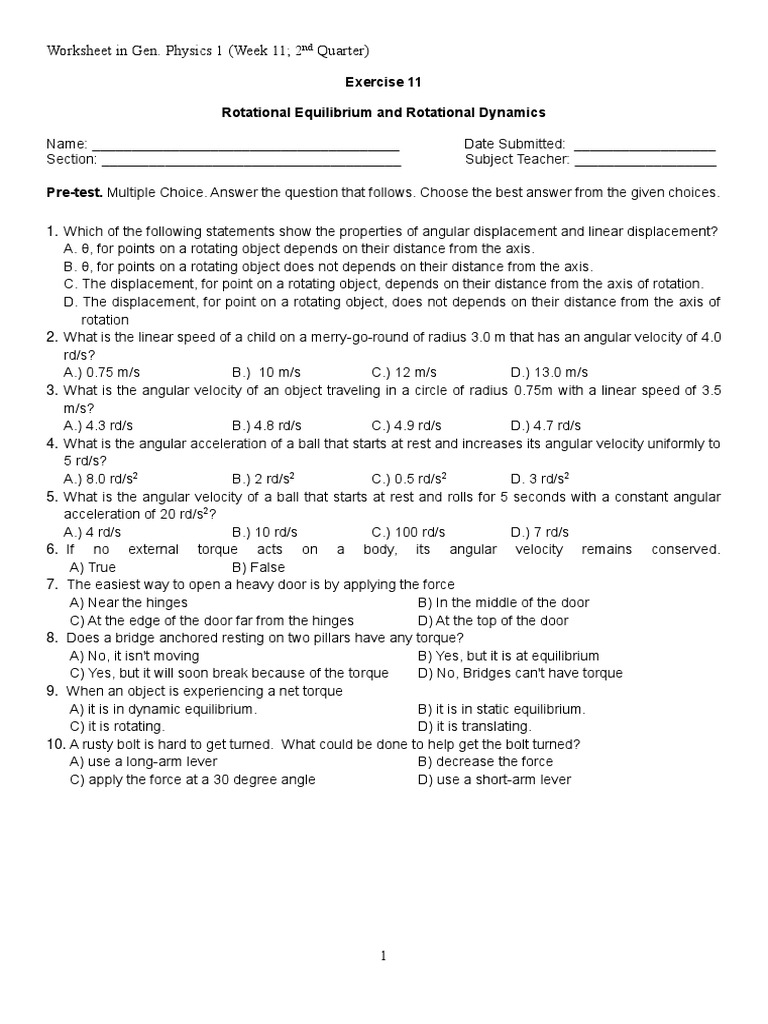 Worksheet in Gen. Physics 1 (Week 11 2 Quarter) : Exercise 11 ...