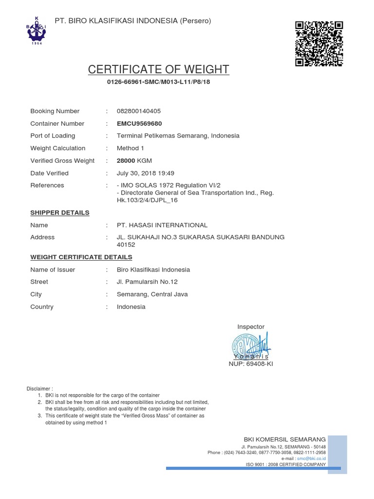 Certificate of Weight: Pt. Biro Klasifikasi Indonesia (Persero) | PDF ...