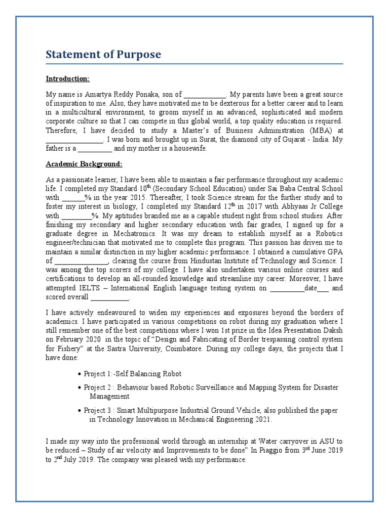 Statement of Purpose - Amartya | PDF | Master Of Business ...