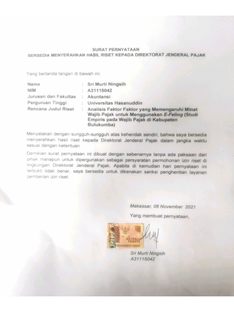 Surat Pernyataan Bersedia Menyerahkan Ringkasan Hasil Riset | PDF