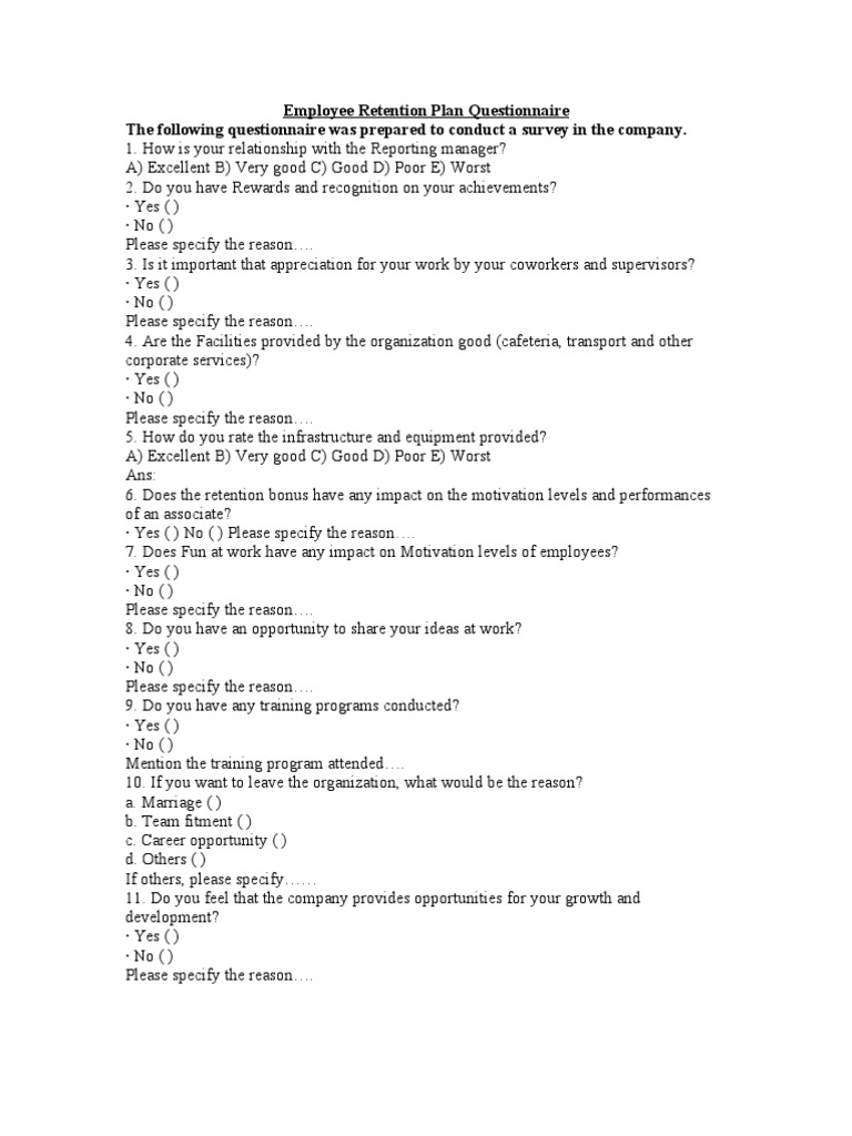 Employee Retention Plan Questionnaire | PDF | Employee Retention ...