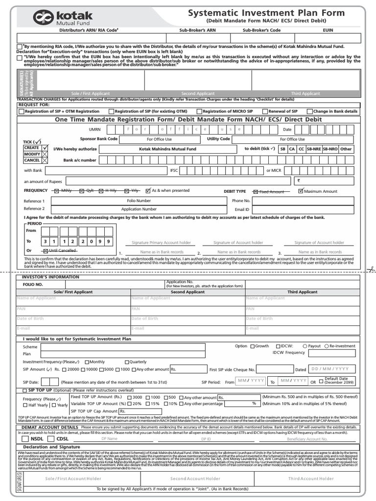 One Time Mandate Registration Form/ Debit Mandate Form NACH/ ECS/ Direct Debit | PDF | Debit ...