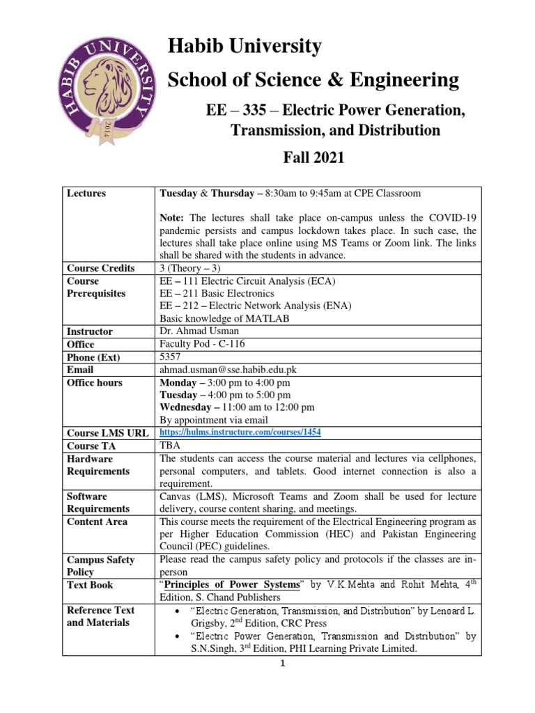 (EE-335) - Electric Power Generation, Transmission, and Distribution ...
