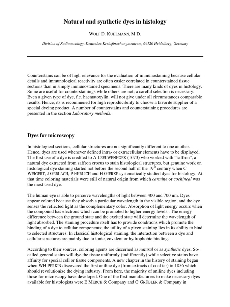 Natural and Synthetic Dyes in Histology | PDF | Staining | Histology