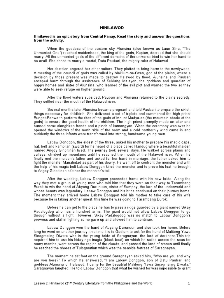 Lesson 2 HINILAWOD - Epic | PDF