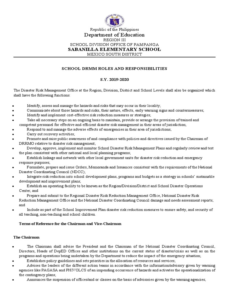 ROLES AND FUNCTIONS OF SCHOOL DRRM COMMITTEEs 2019-2020 | PDF ...