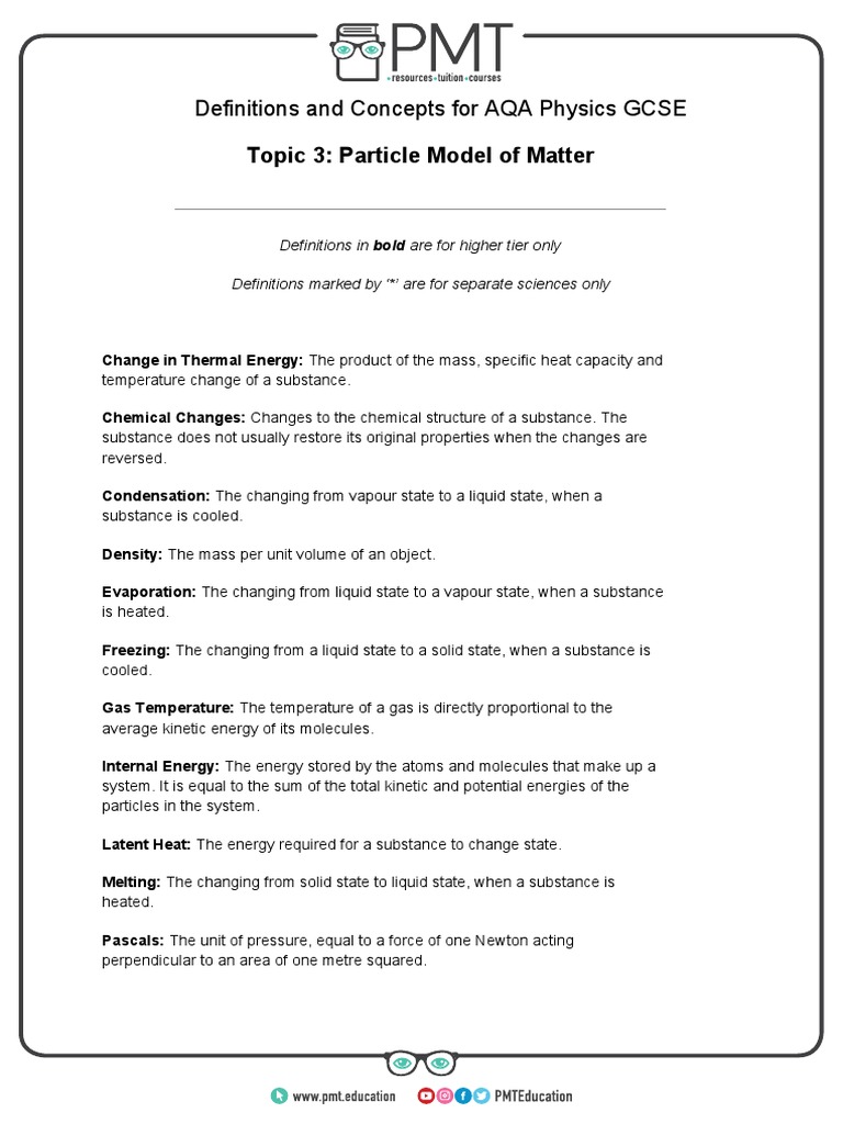 Definitions and Concepts For AQA Physics GCSE: Topic 3: Particle Model of Matter | PDF | Matter ...