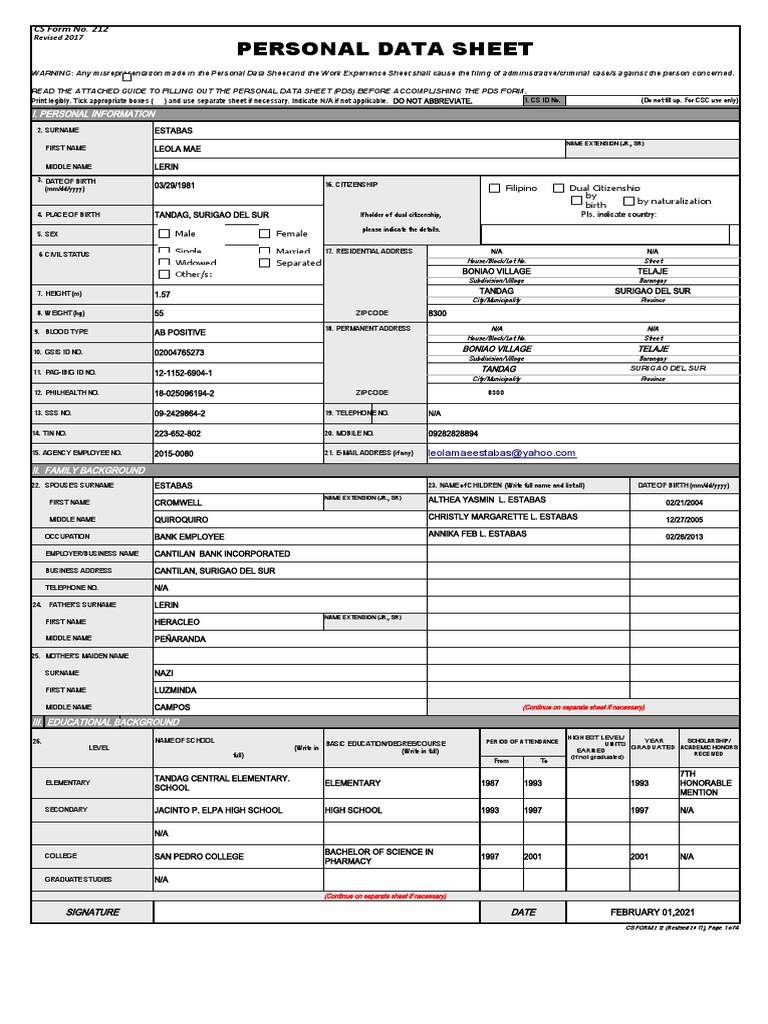 BAMBIE CS Form No. 212 Revised Personal Data Sheet - New 2018 | PDF ...