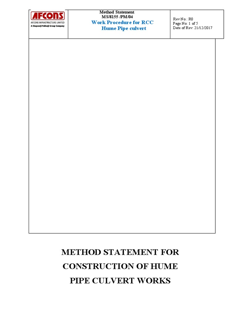 Method Statement For Construction of Hume Pipe Culvert Works | PDF | Pipe (Fluid Conveyance ...