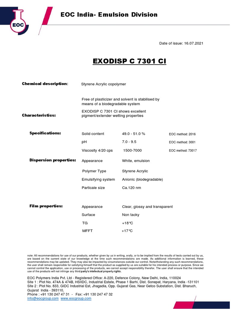 Eoc Pipl - Exodisp C 7301 Ci - Tds | PDF | Emulsion | Poly(Methyl ...