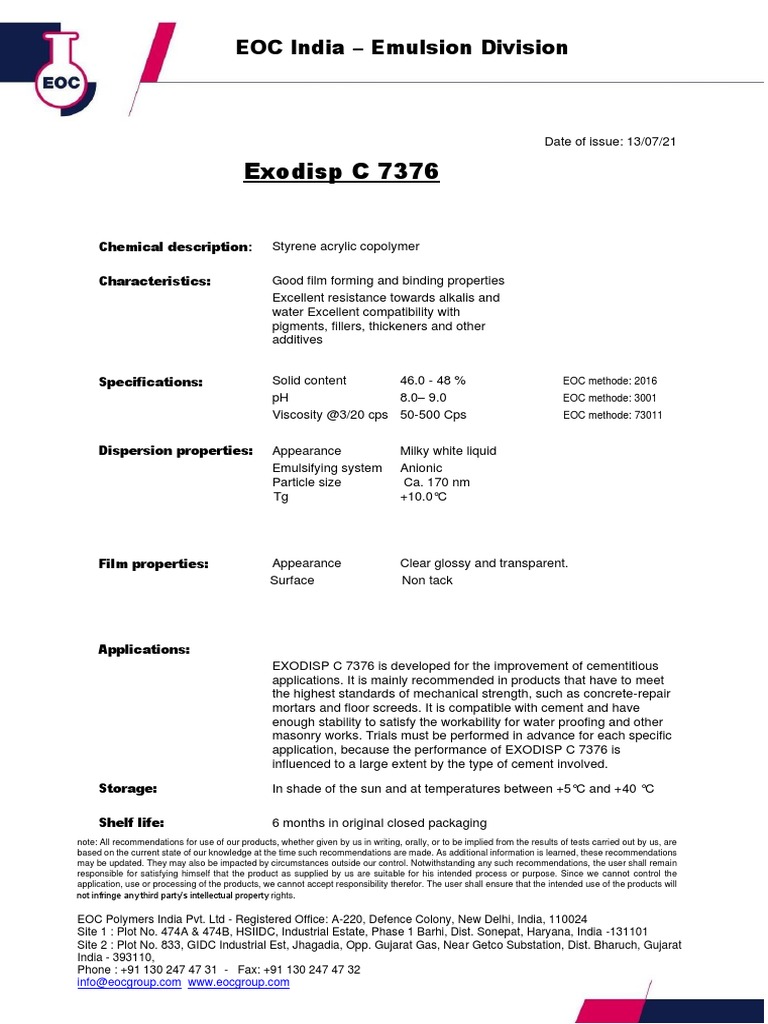 EOC PIPL - Exodisp C 7376 - TDS | PDF | Emulsion | Cement