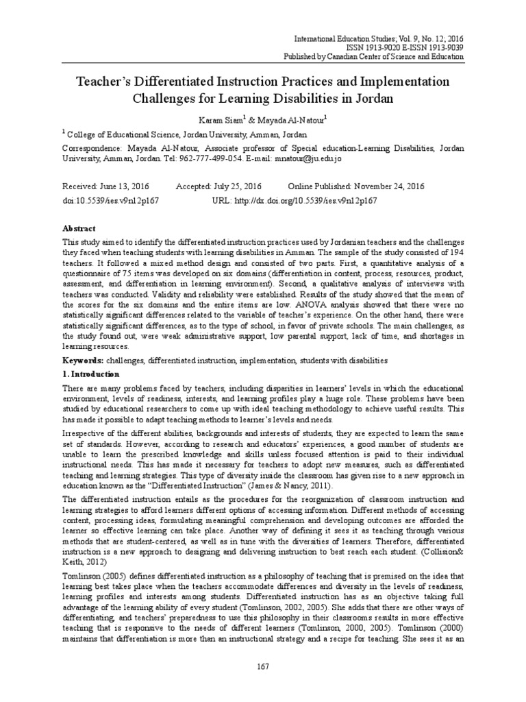Teacher's Differentiated Instruction Practices and Implementation Challenges For Learning ...