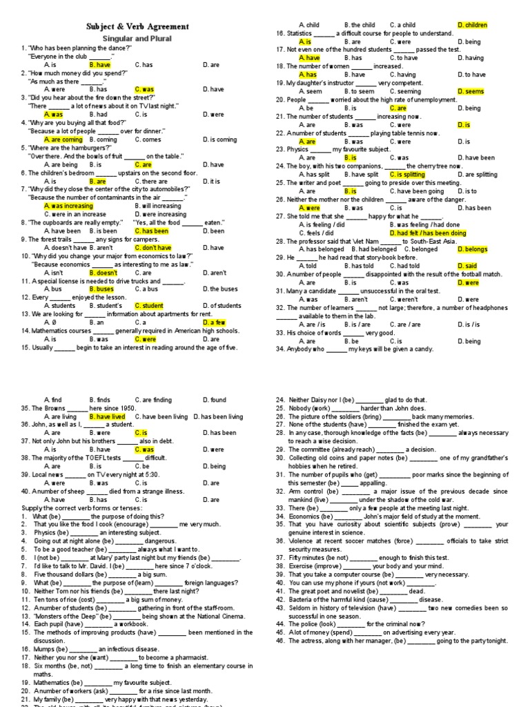 Subject-Verb Agreement Exercises | PDF