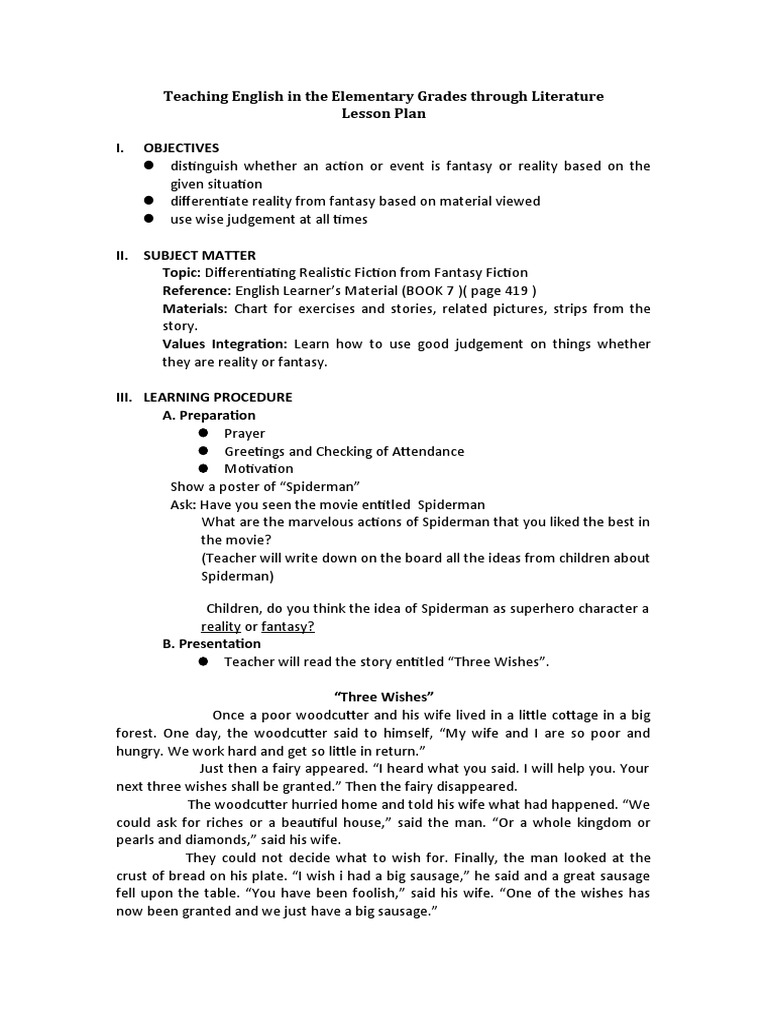 Lesson Plan in Teaching English in The Elementary Grades | PDF | Spider ...