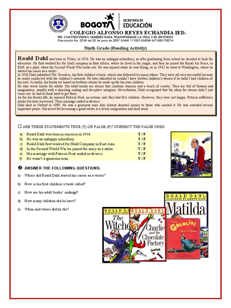 Roald Dahl Reading Reading Comprehension Exercise | PDF