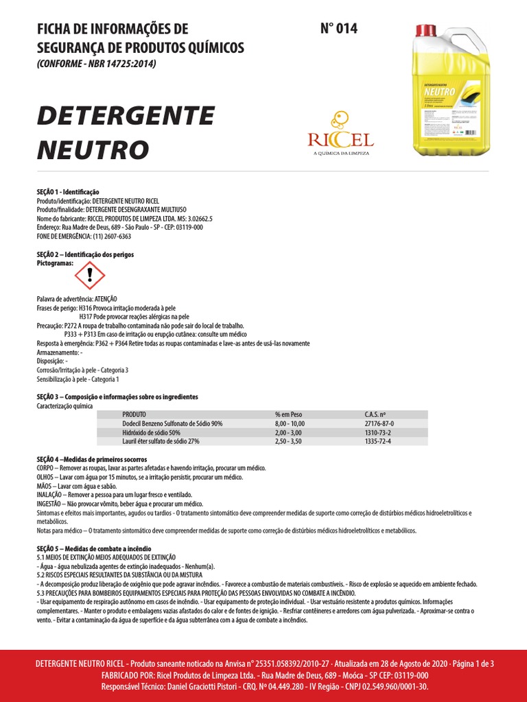 FISPQ Detergente Neutro | Download grátis PDF | Desperdício | Embalagem ...