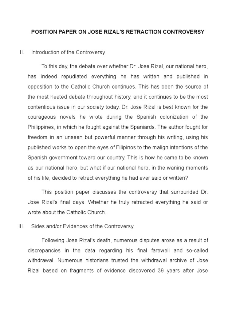 Did Rizal Retract (Position Paper) | PDF
