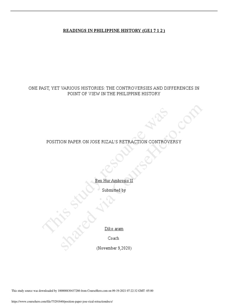 POSITION PAPER (Rizals Retraction) SAMPLE ONLY | PDF