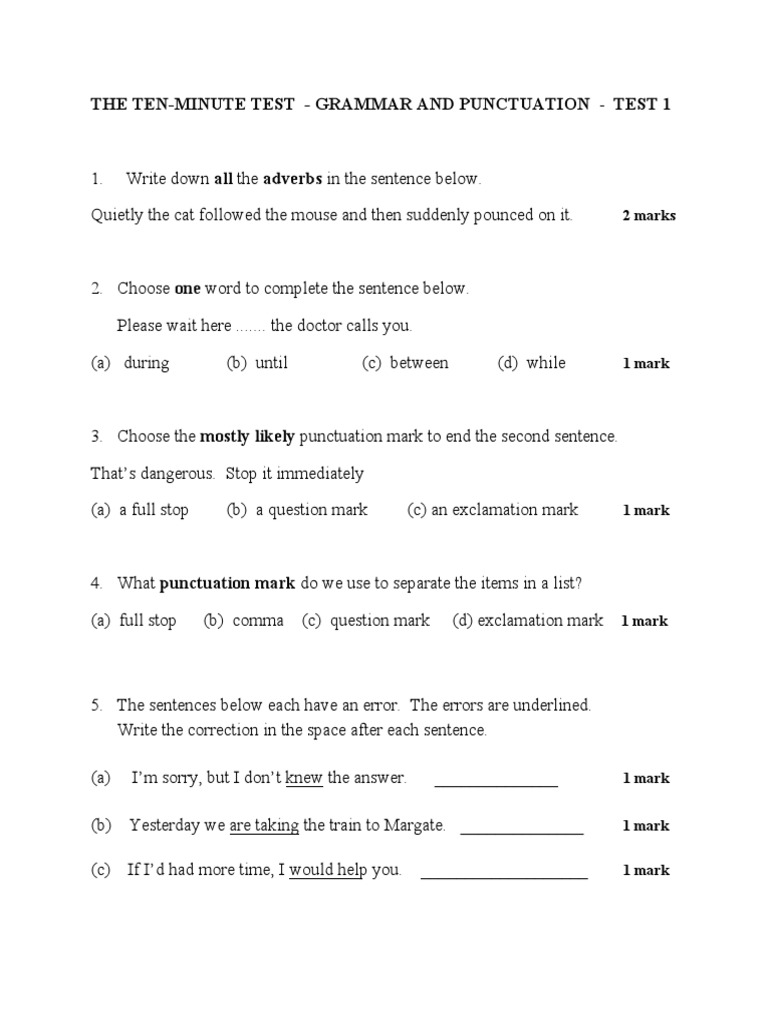 The Ten-Minute Test - Grammar and Punctuation - Test 1: 2 Marks | PDF ...