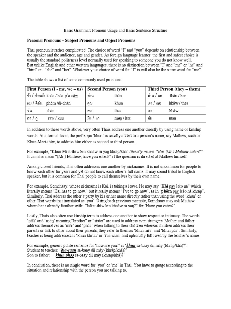 Thai Pronouns and Sentence Structure | PDF | Subject (Grammar) | Noun