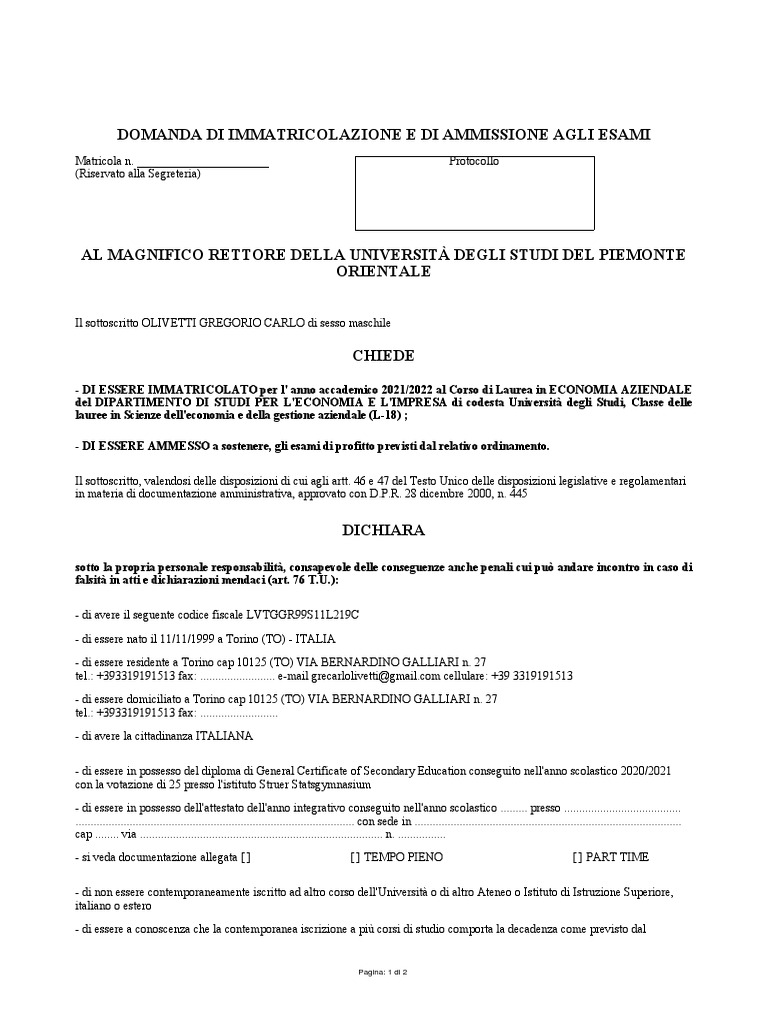 Documento Immatricolazione Uniupo | PDF