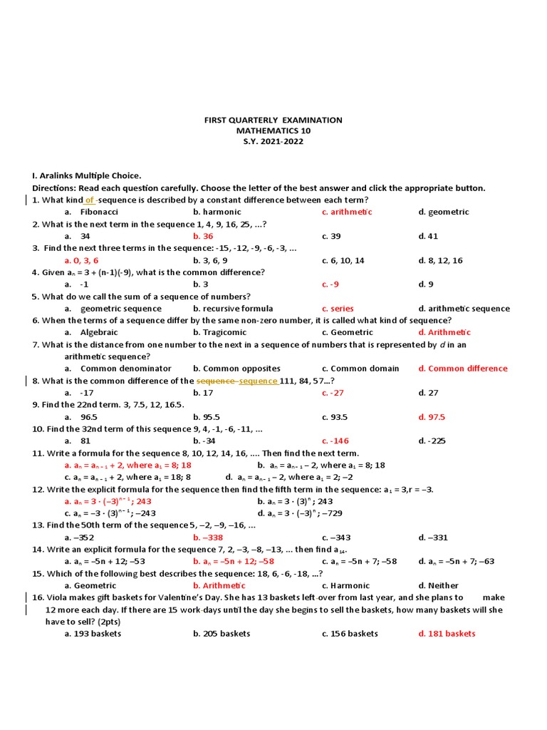 First Quarterly Examination Mathematics 10 S.Y. 2021-2022: C ...