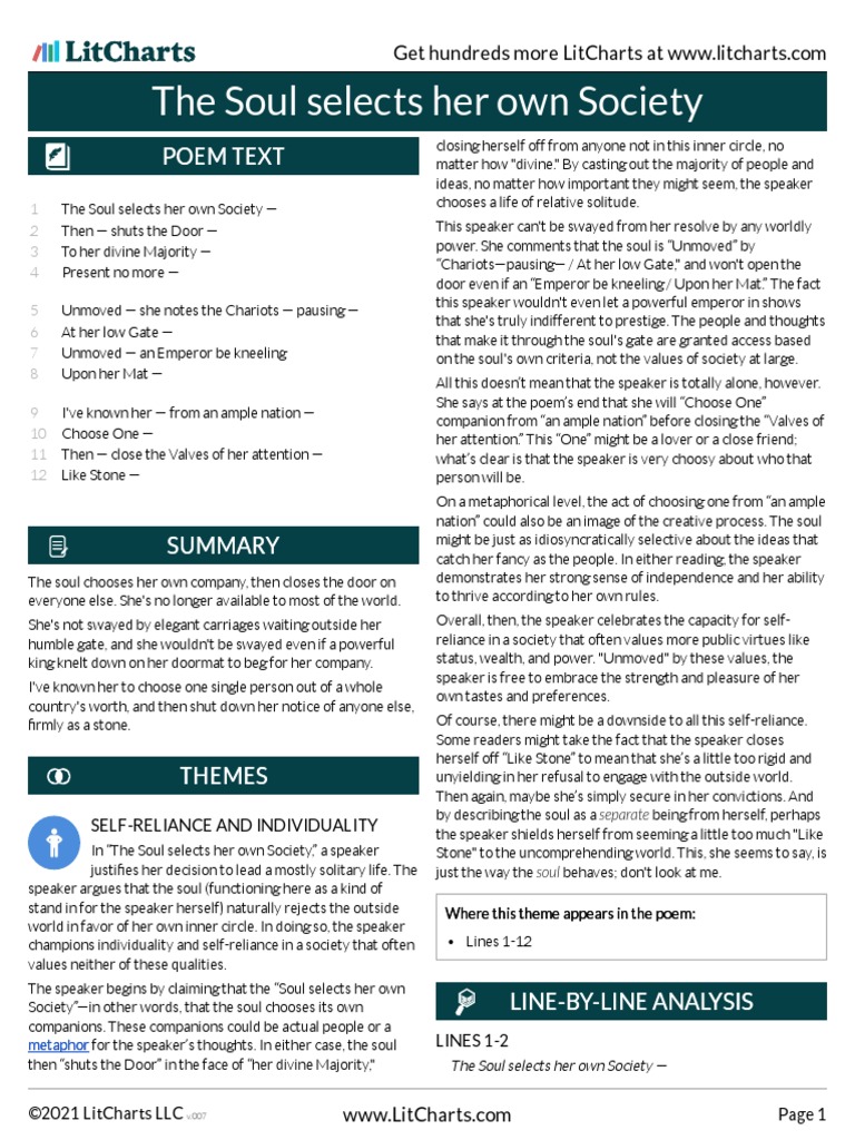 The Soul Selects Her Own Society by Emily Dickinson | PDF | Emily ...