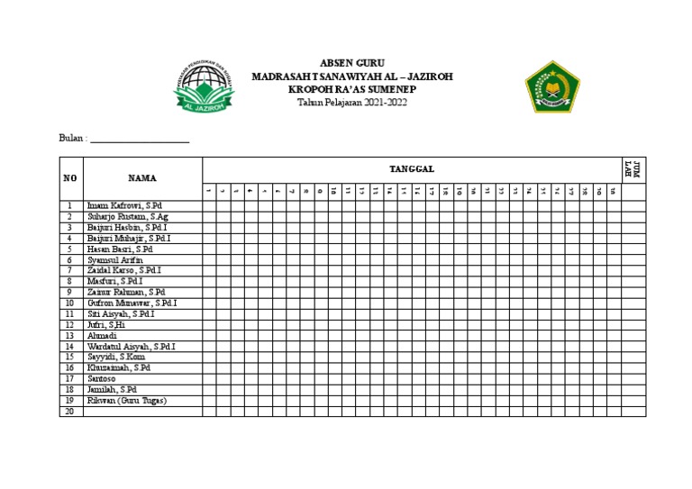Absensi Guru Madrasah Al-Jaziroh 2021-2022 | PDF