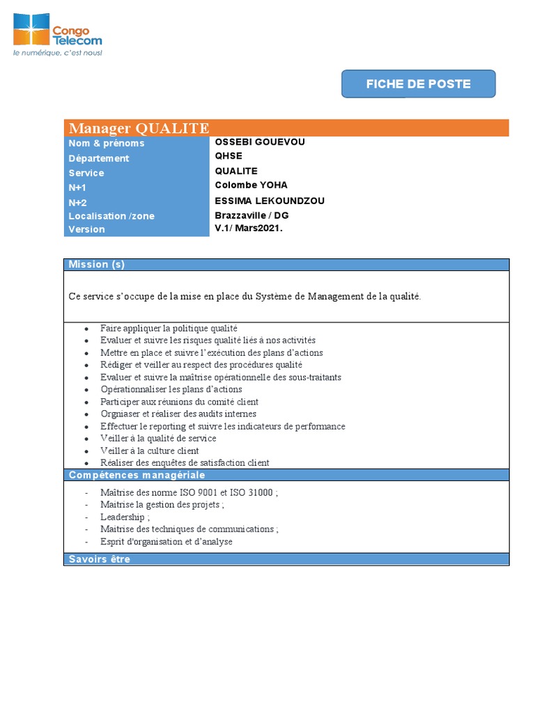 Fiche de Poste - Manager Qualité - Version 1 | PDF | Système de ...