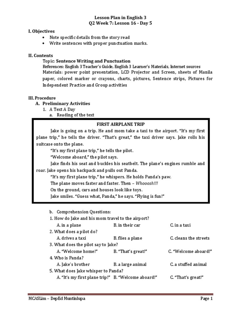 Lesson Plan in English 3 Q2 Week 7: Lesson 16 - Day 5 I. Objectives ...