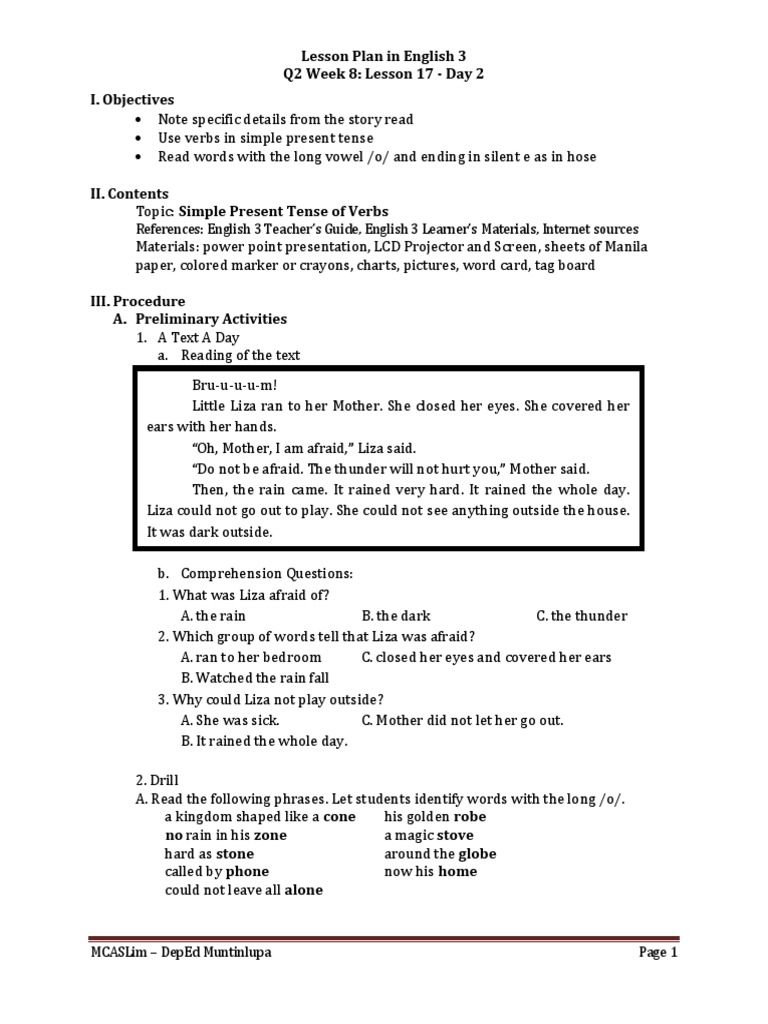 Lesson Plan in English 3 Q2 Week 8: Lesson 17 - Day 2 I. Objectives ...
