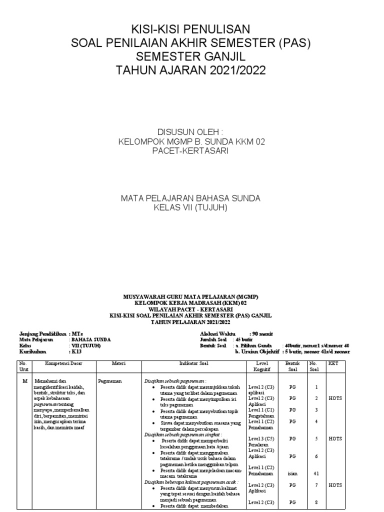 Kisi2 Pas B.sunda Kls 7 (21-22) Fix | PDF