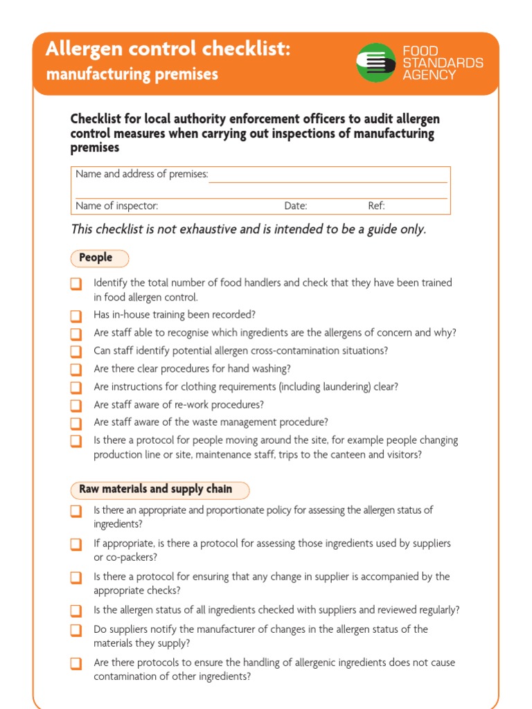 Allergen Control Checklist Manufacturer 0908 | Packaging And Labeling ...