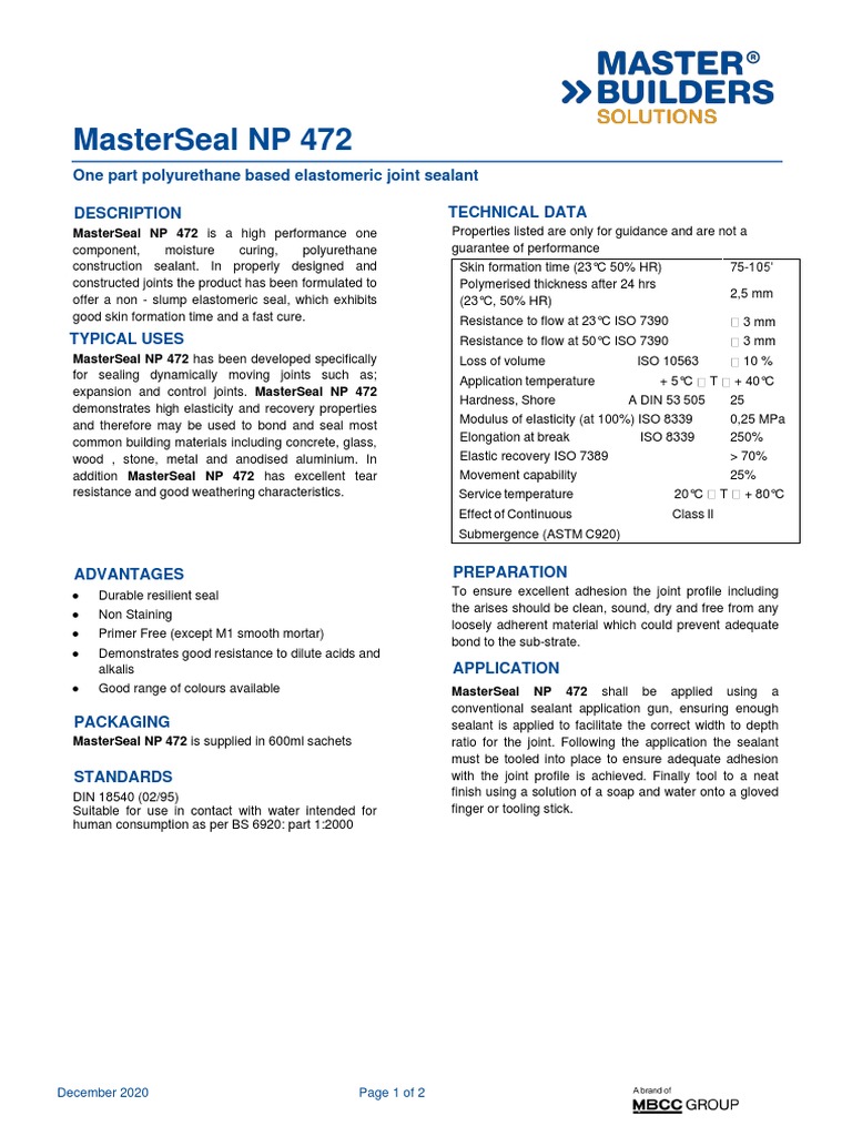 Masterseal NP 472 Tds | PDF | Chemical Substances | Building Engineering