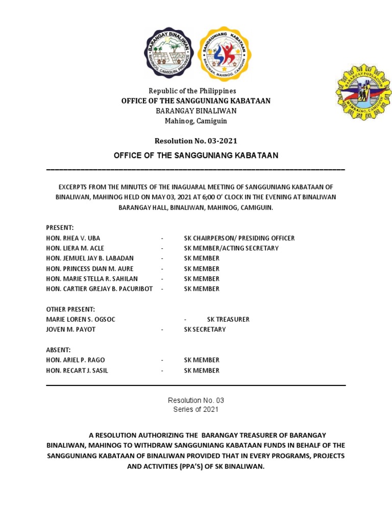 Res 3 AND 4 2021 AUTHORIZING THE BRGY TREAS TO WITHDRAW 10% SK FUND | PDF | Government | Public Law